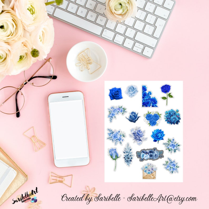 Blue Roses, Floral Stickers, Print and Cut Stickers - Etsy