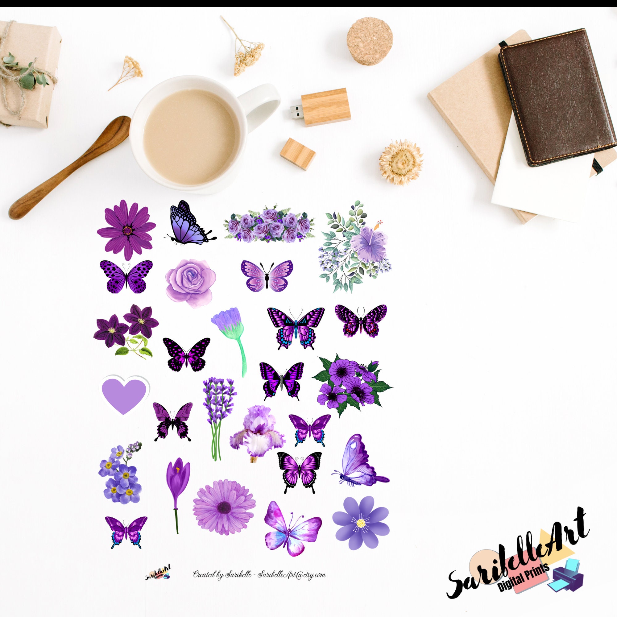 Purple Flowers and Butterflies Printable Stickers, Daily Journal and ...