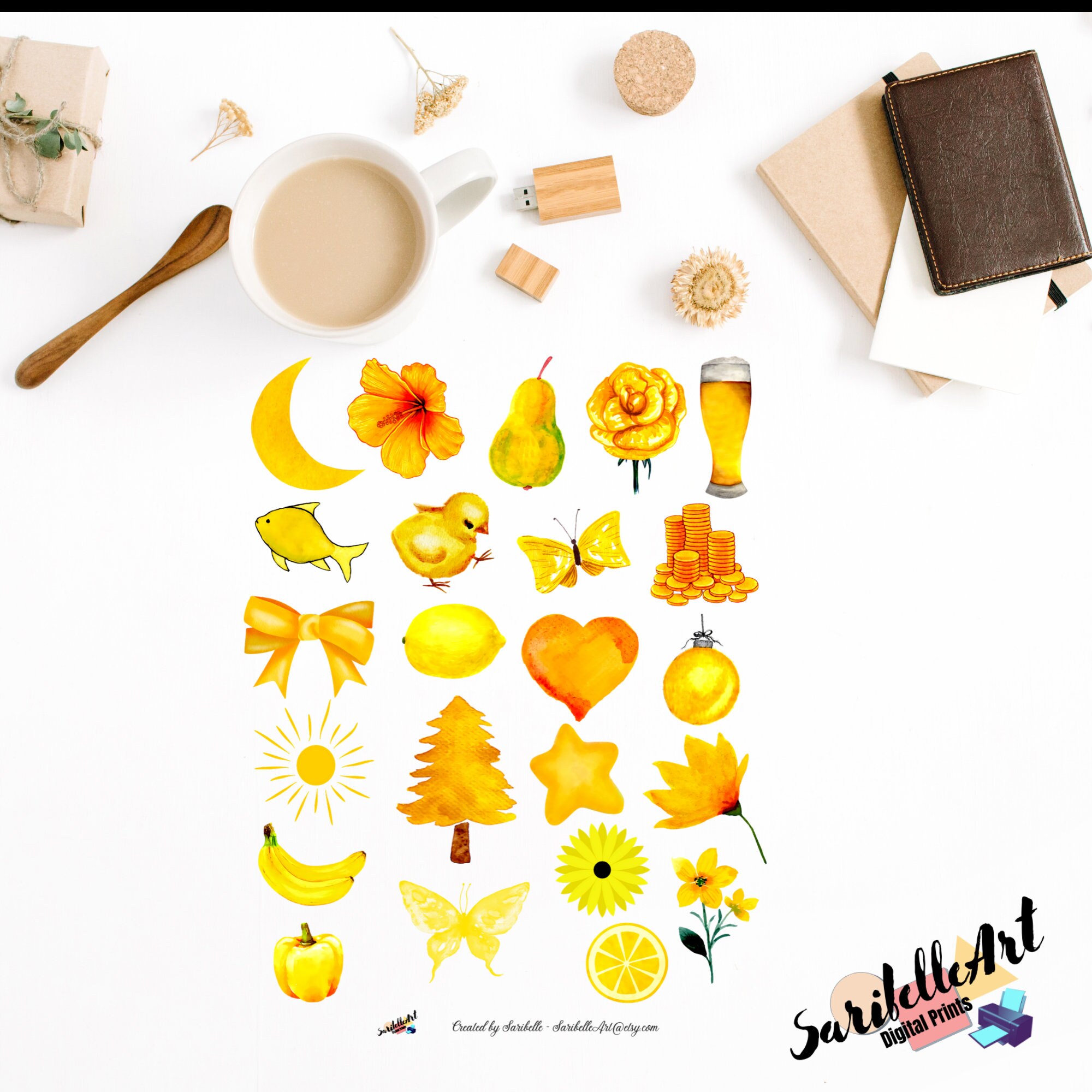 Yellow Printable Stickers, Daily Journal Stickers - Etsy