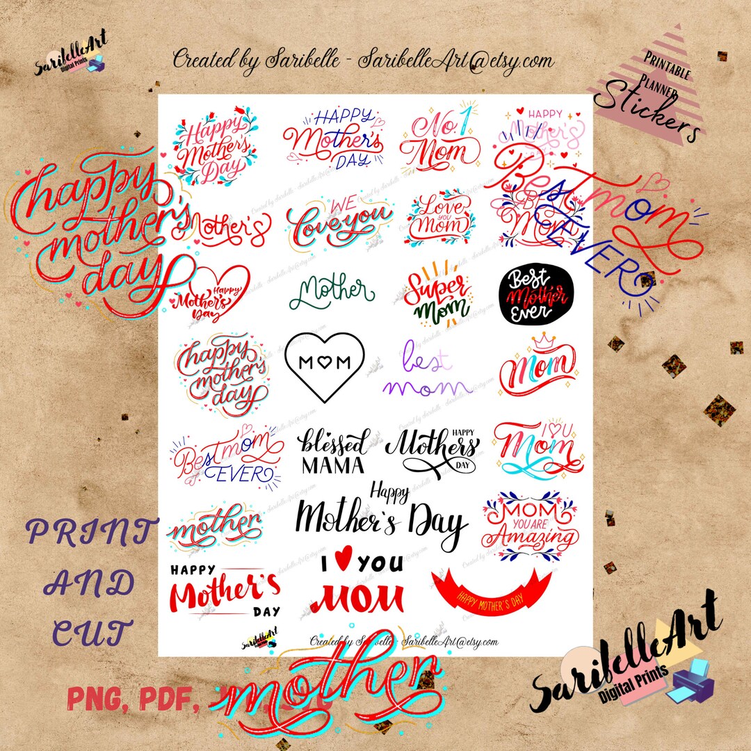 Mother's Day Printable Stickers, Printable Sticker Sheet, Print and Cut ...
