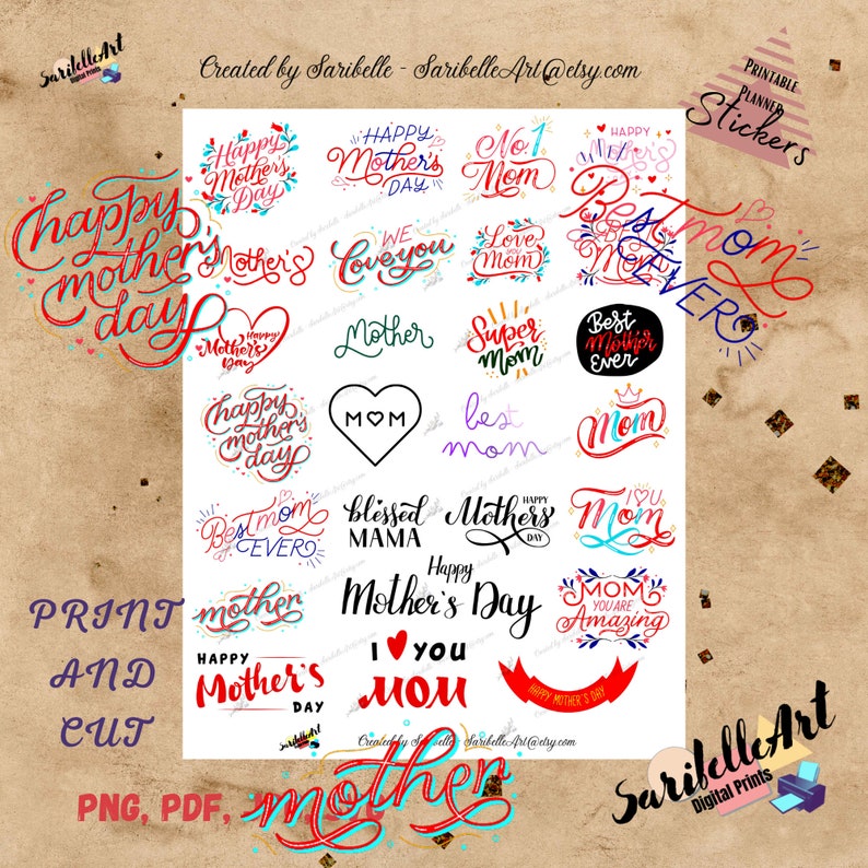 Mother's Day Printable Stickers, Printable Sticker Sheet, Print and Cut ...