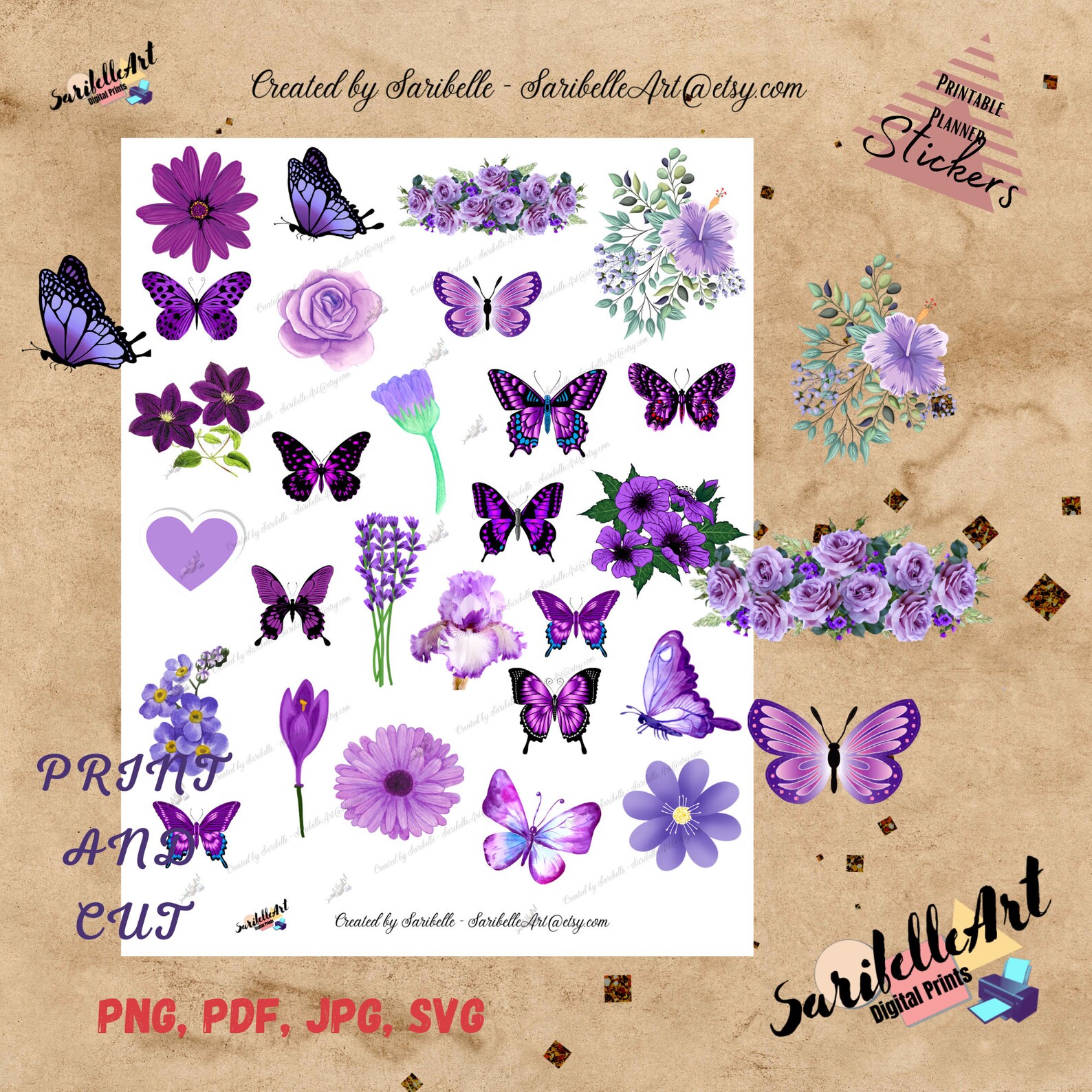 Purple Flowers and Butterflies Printable Stickers, Daily Journal and ...