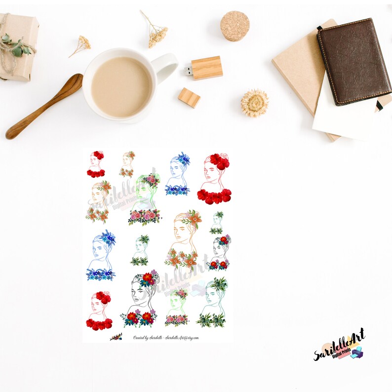 Colorful Woman With Flowers Printable Stickers, Printable Sticker Sheet ...