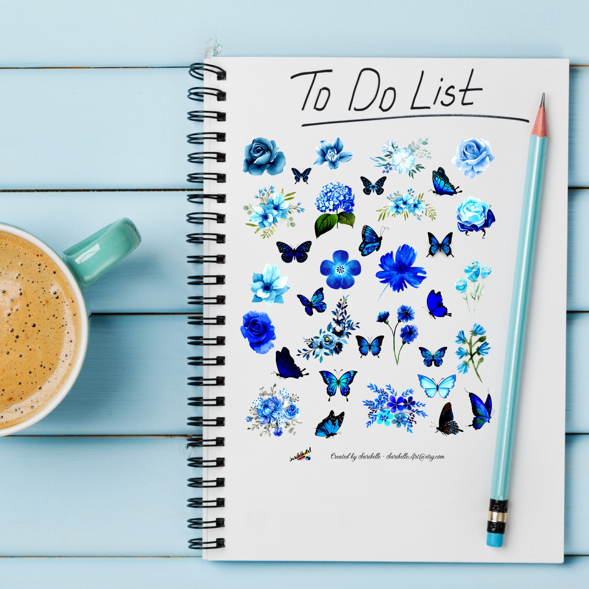 Blue Flowers and Butterflies Printable Stickers, Daily Journal and ...