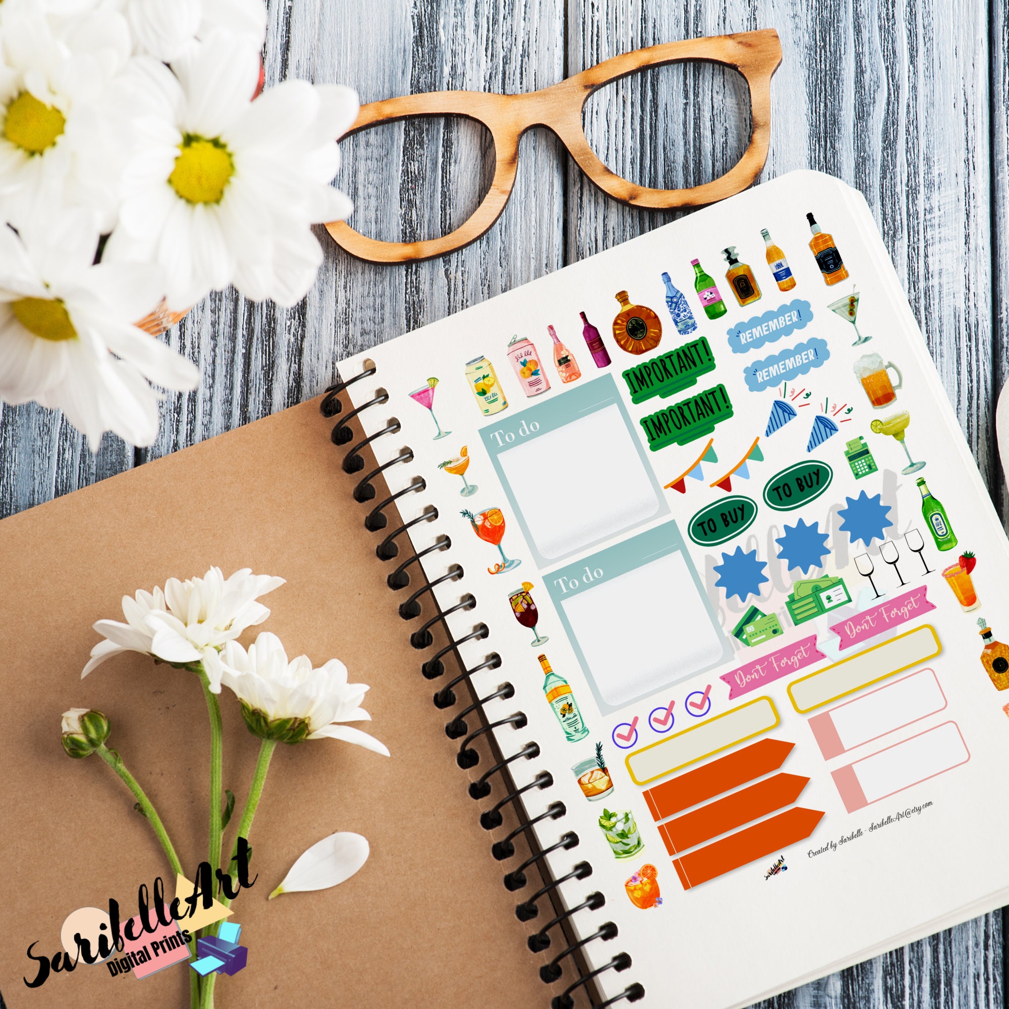 Cocktail Party Printable Stickers, Printable Sticker Sheet, Print and ...