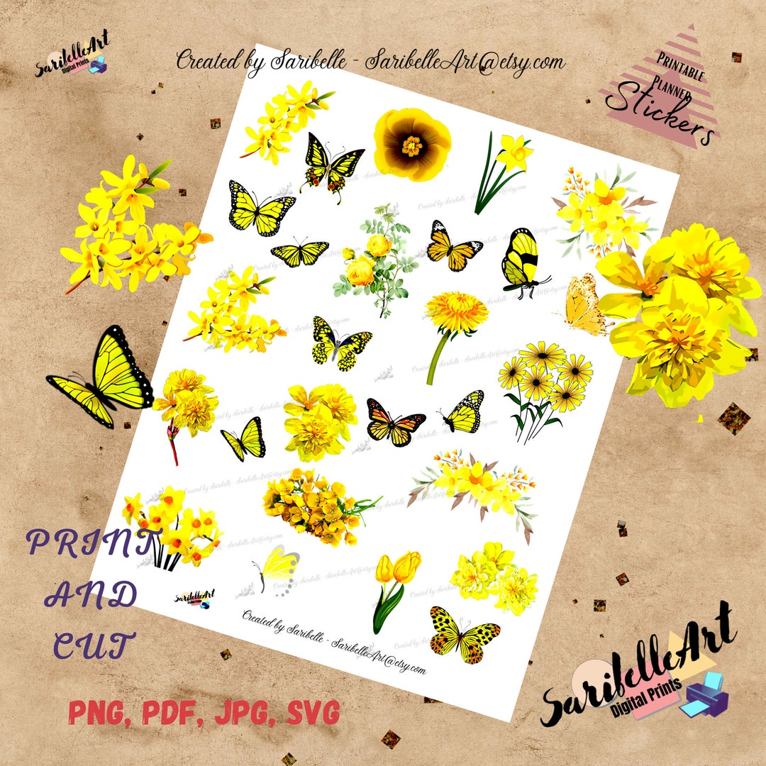 Yellow Flowers and Butterflies Printable Stickers, Daily Journal and ...