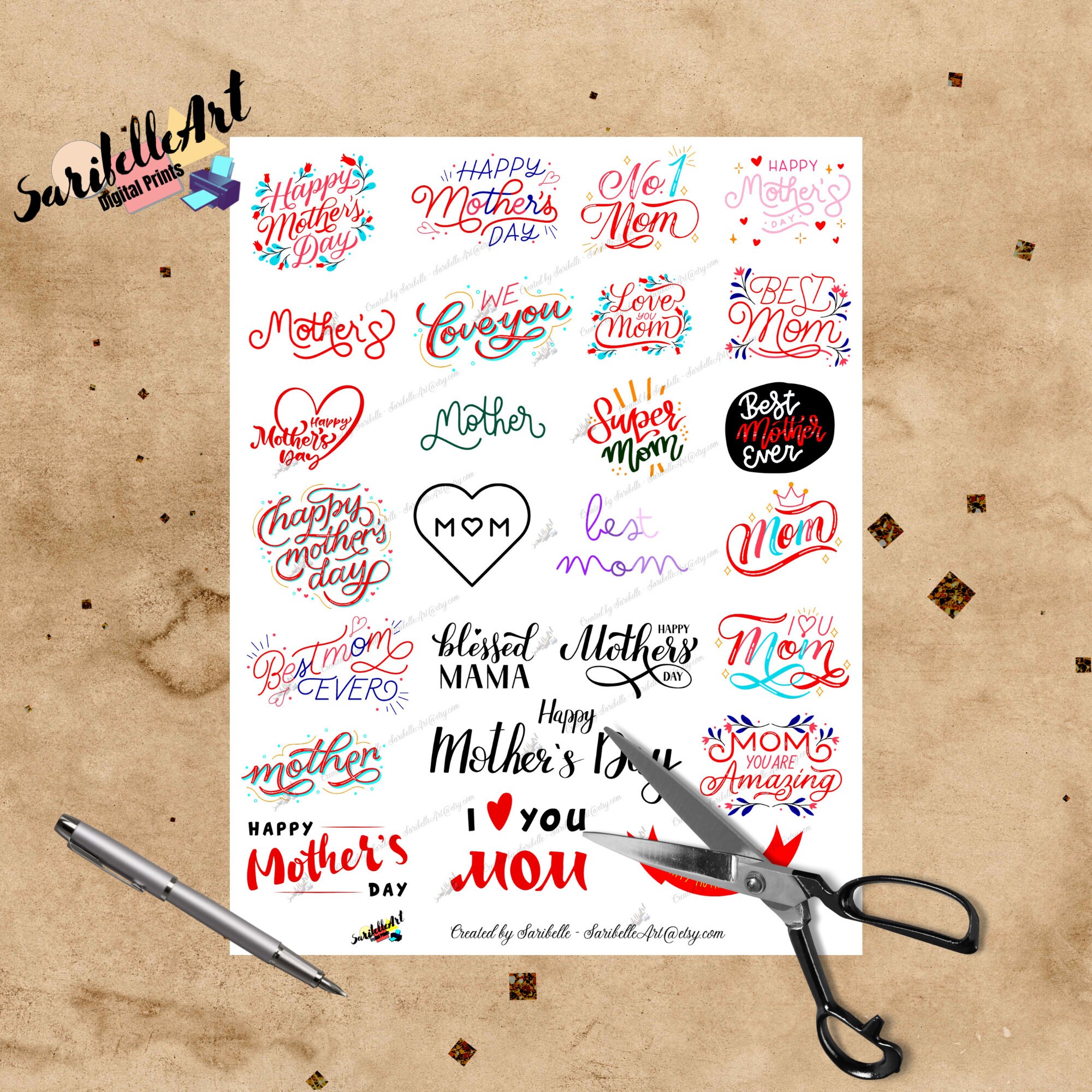 Mother's Day Printable Stickers, Printable Sticker Sheet, Print and Cut ...