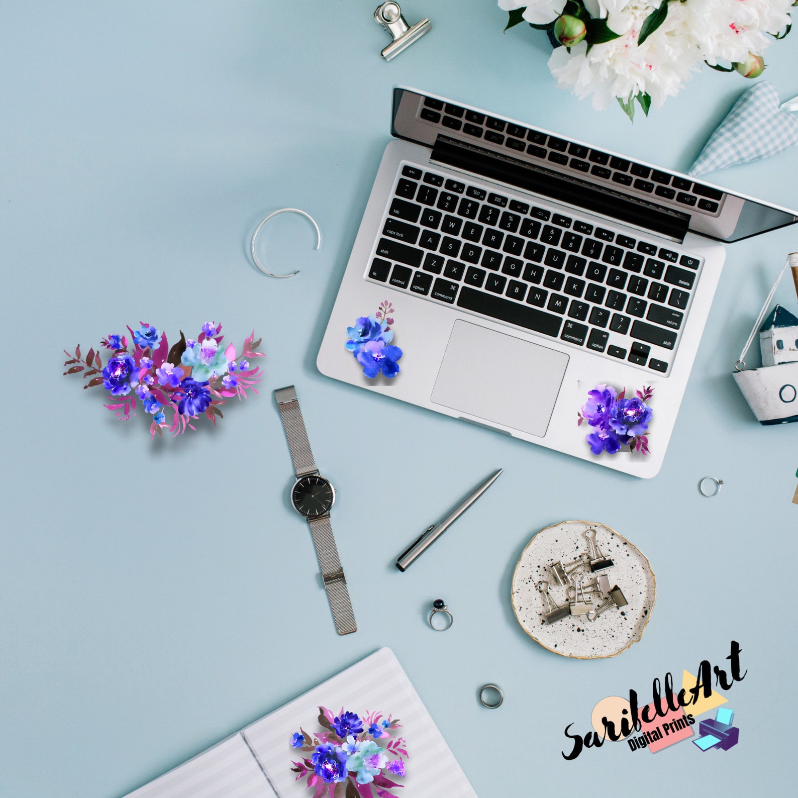 Blue Flowers Printable Stickers, Printable Sticker Sheet, Print and Cut ...