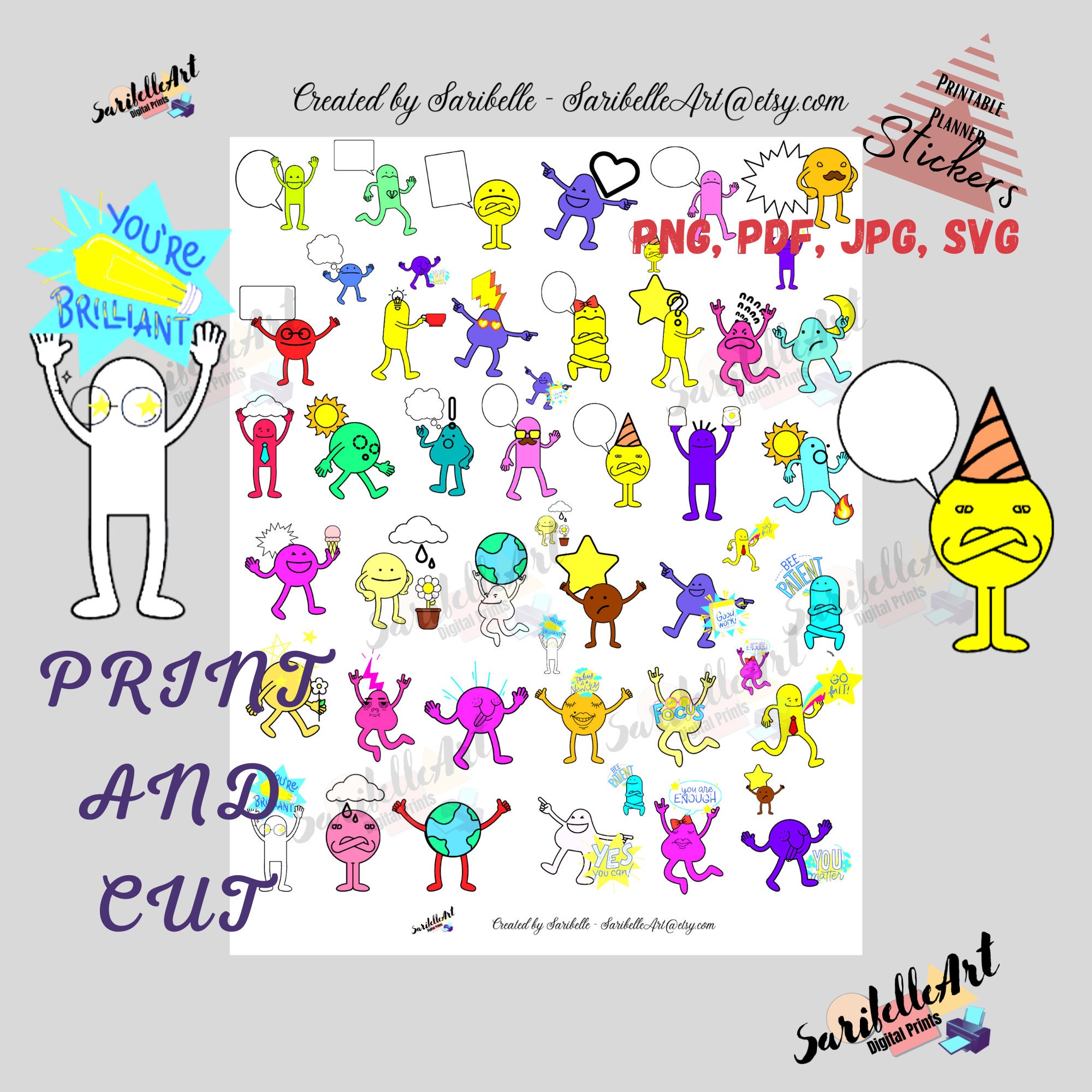 Emoji Printable Stickers, Printable Sticker Sheet, Print and Cut ...