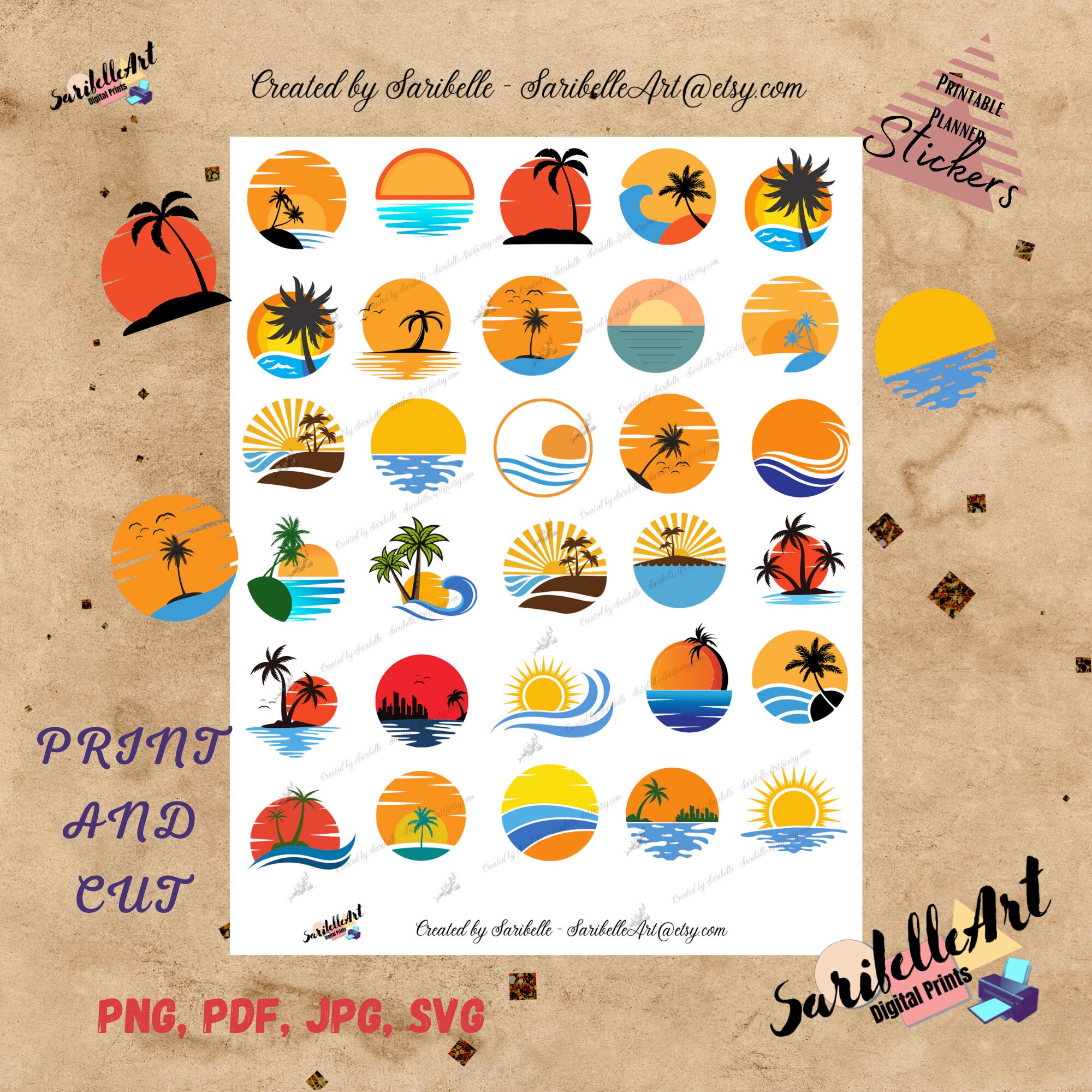 Beach Sunset Printable Stickers, Daily Journal Stickers - Etsy