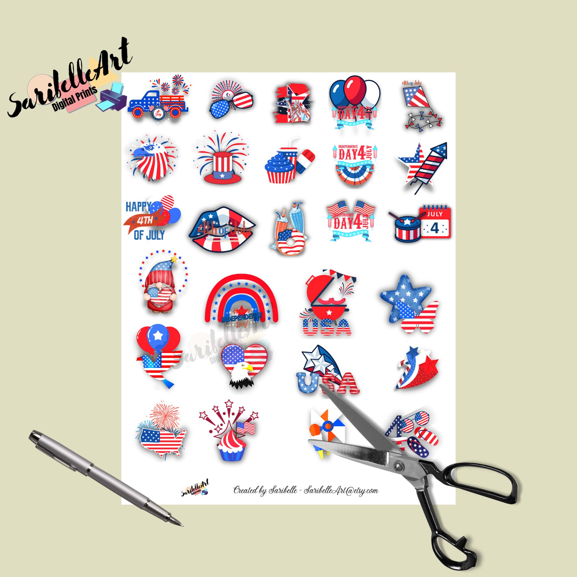 4th of July Printable Stickers, Printable Sticker Sheet, Print and Cut ...