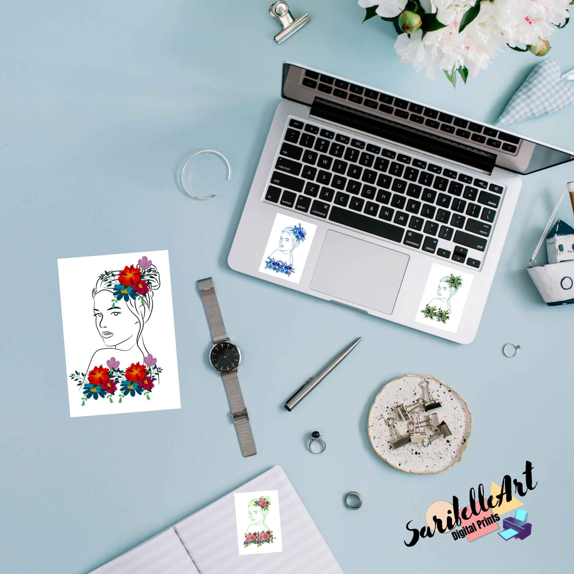 Colorful Woman With Flowers Printable Stickers, Printable Sticker Sheet ...