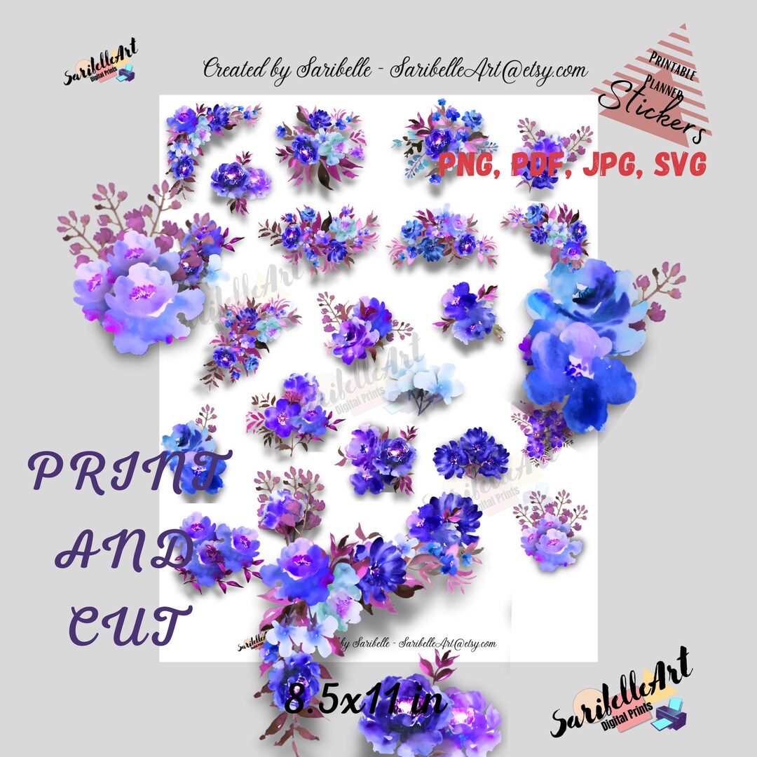 Blue Flowers Printable Stickers, Printable Sticker Sheet, Print and Cut ...