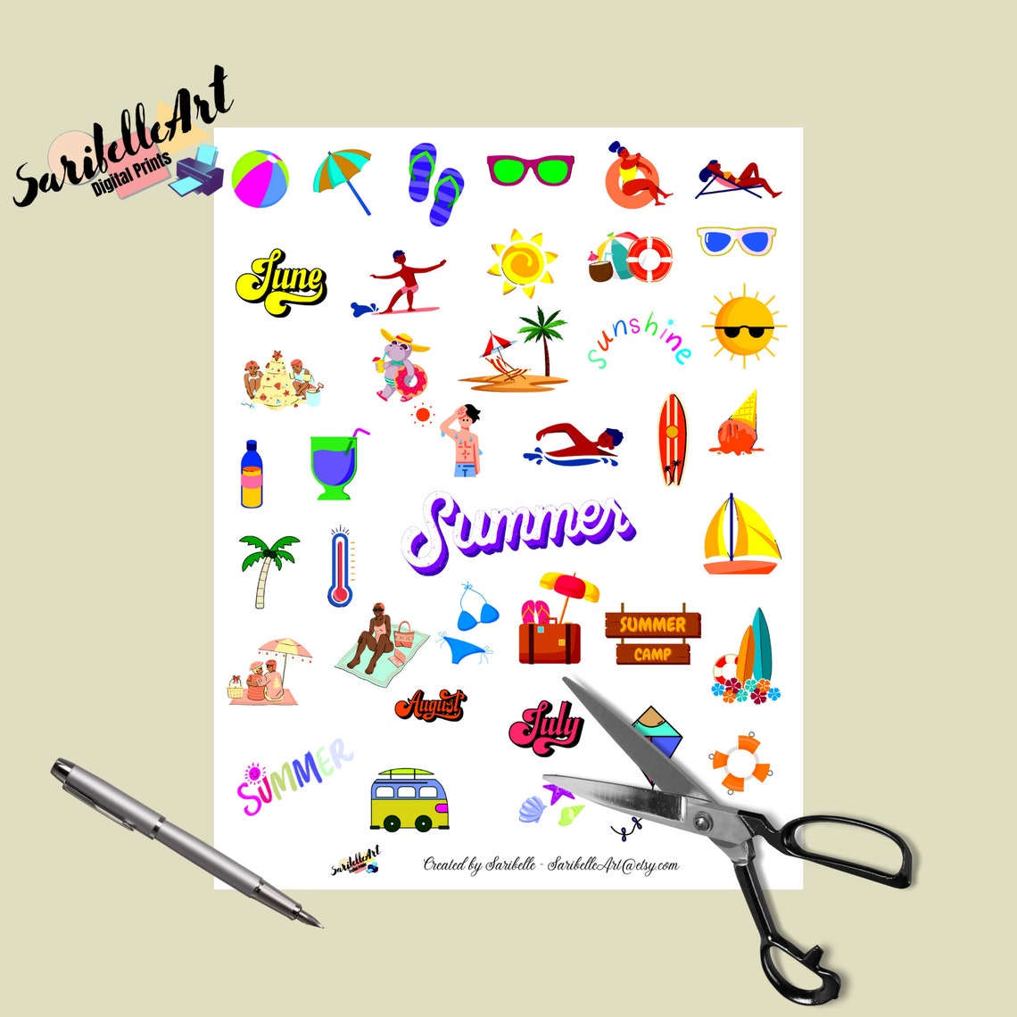 Summer Printable Stickers, Printable Sticker Sheet, Print and Cut ...