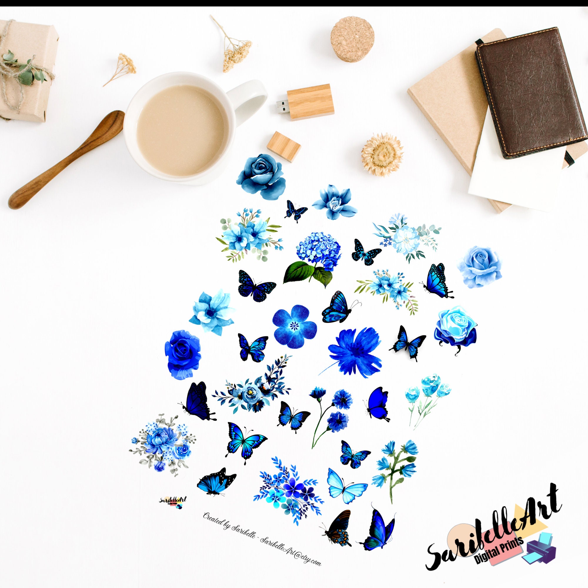Blue Flowers and Butterflies Printable Stickers, Daily Journal and ...