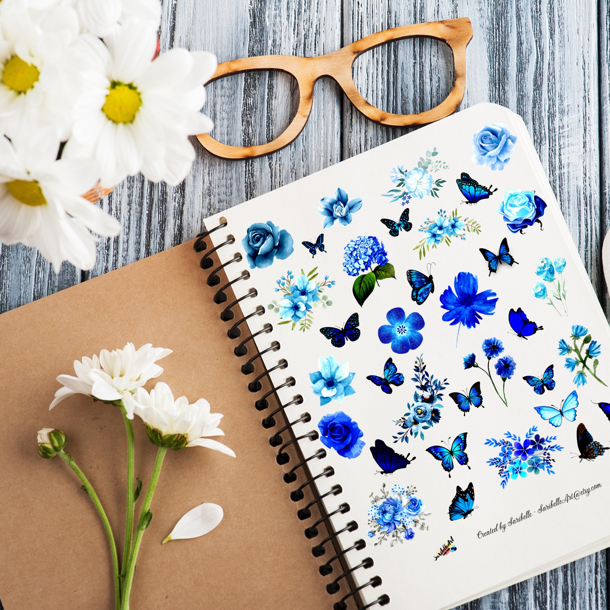 Blue Flowers and Butterflies Printable Stickers, Daily Journal and ...