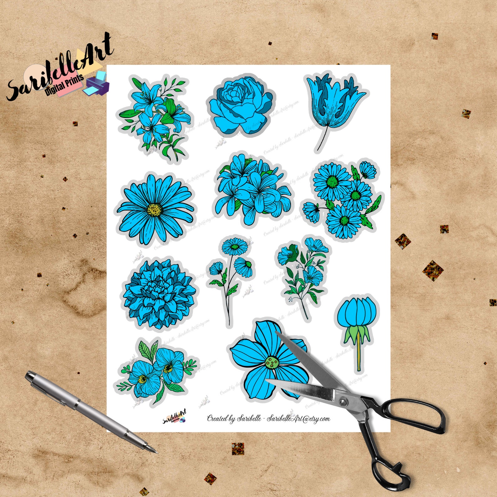 Blue Flowers, Floral Printable Stickers, Daily Stickers - Etsy