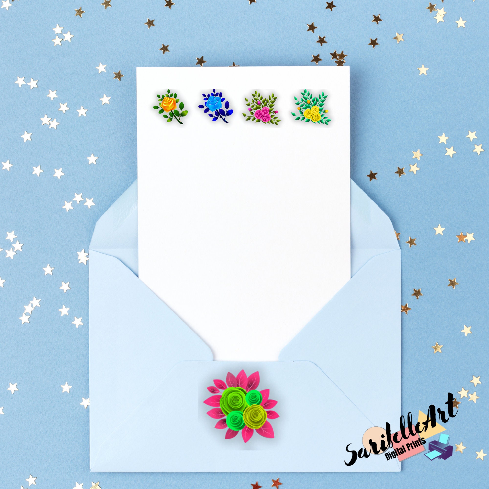 Colorful Roses Bouquet Printable Stickers, Printable Sticker Sheet ...