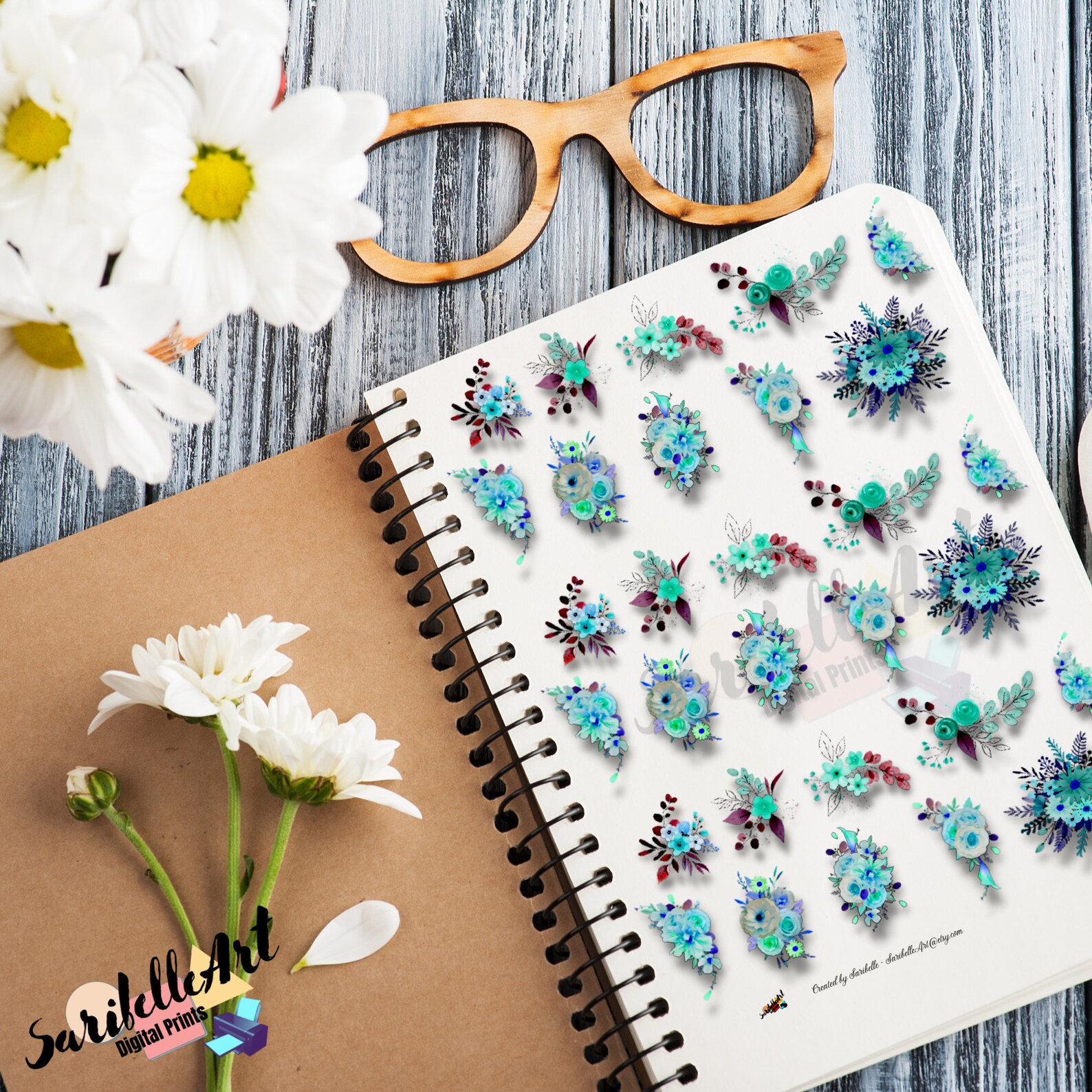 Blue-green Flowers Printable Stickers, Daily Stickers for Your Journal ...