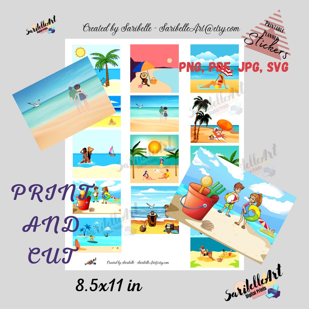 Beach Stickers, Printable Sticker Sheet, Print and Cut Stickers ...