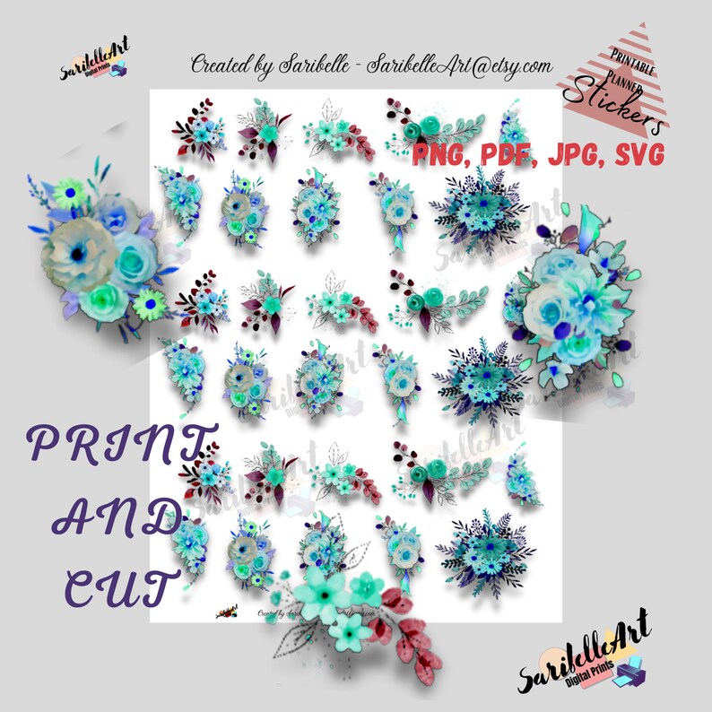 Blue-green Flowers Printable Stickers, Daily Stickers for Your Journal ...