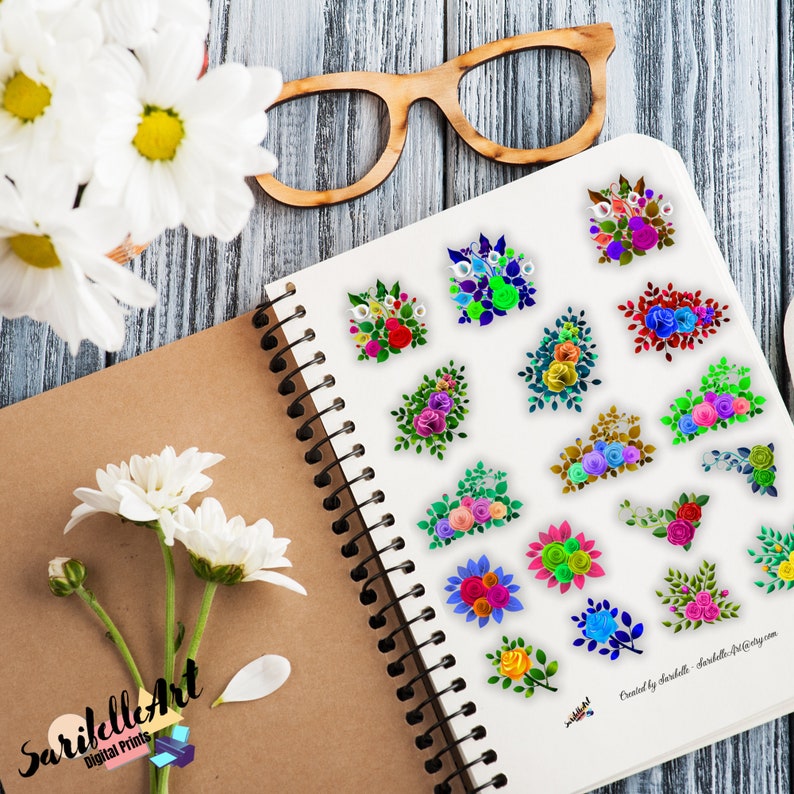 Colorful Roses Bouquet Printable Stickers, Printable Sticker Sheet ...