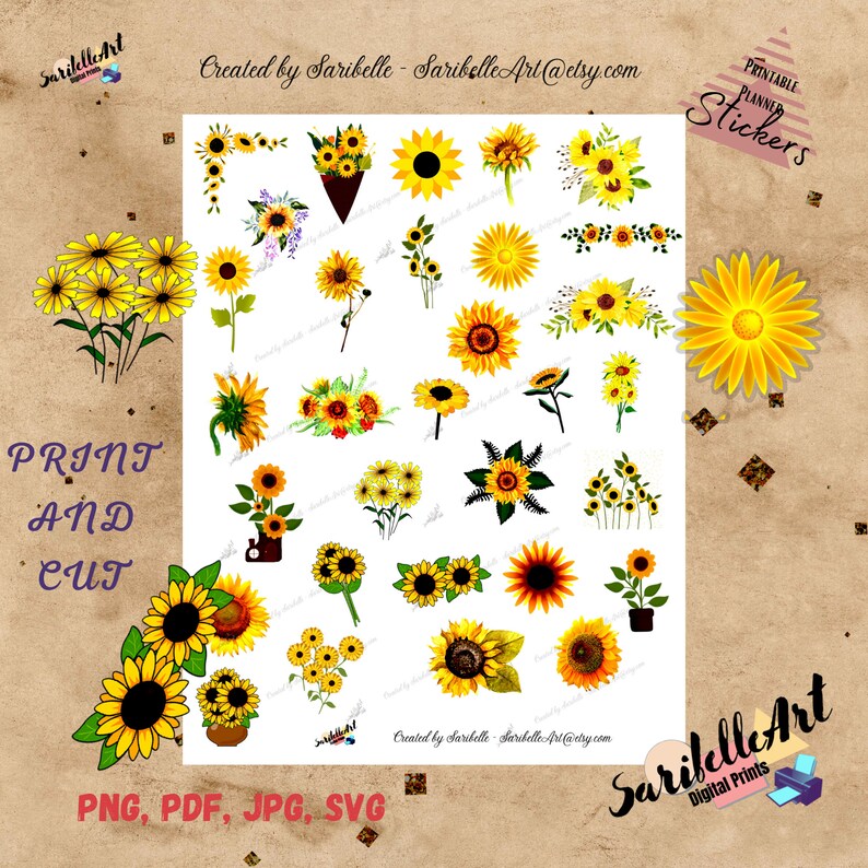 Sunflowers, Floral Printable Stickers, Daily Journal Stickers - Etsy