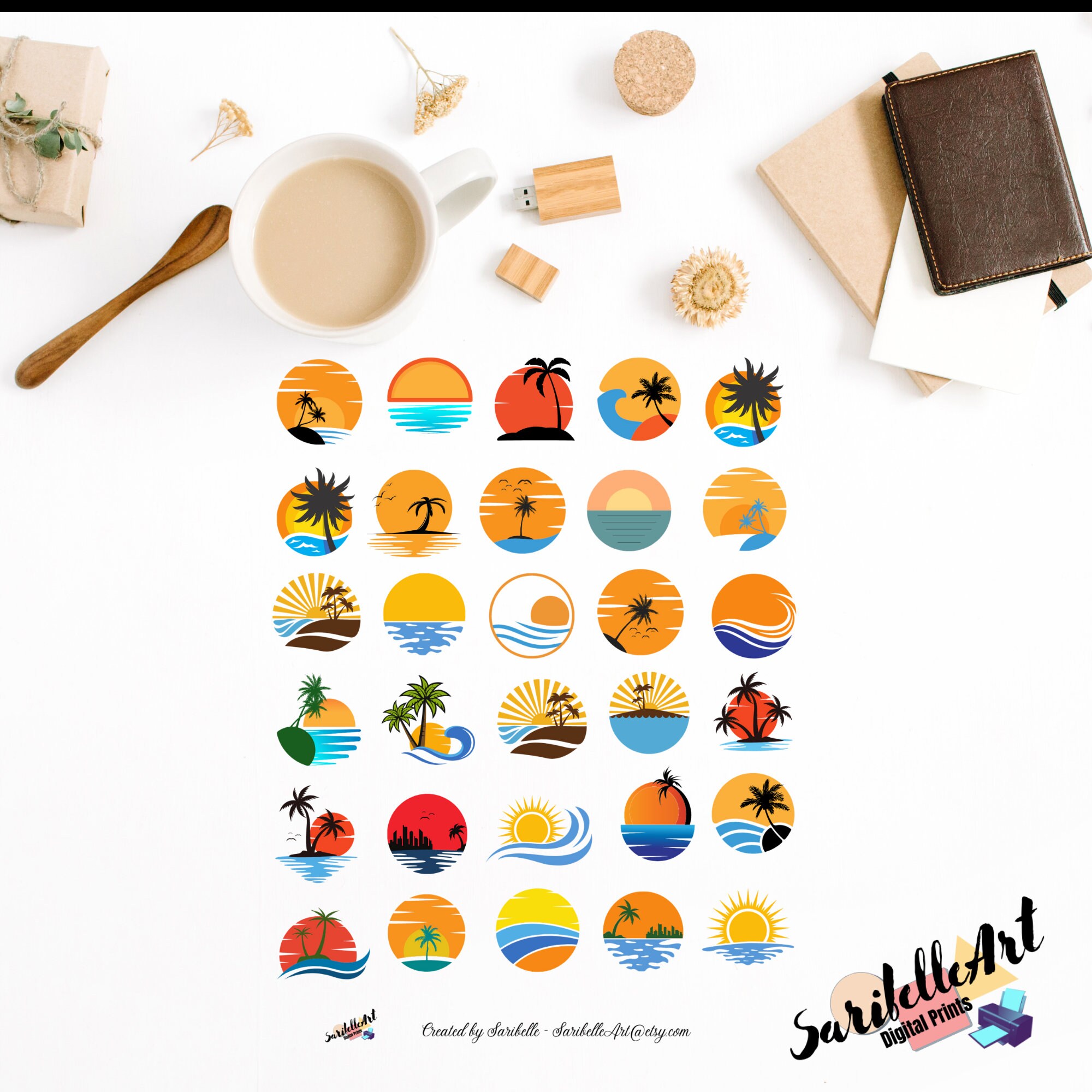 Beach Sunset Printable Stickers, Daily Journal Stickers - Etsy