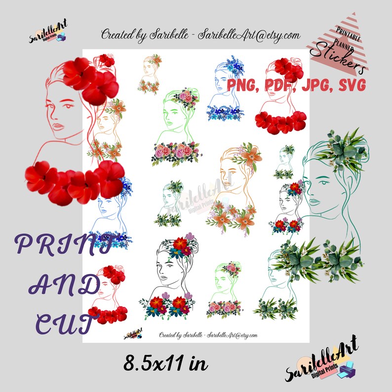 Colorful Woman With Flowers Printable Stickers, Printable Sticker Sheet ...