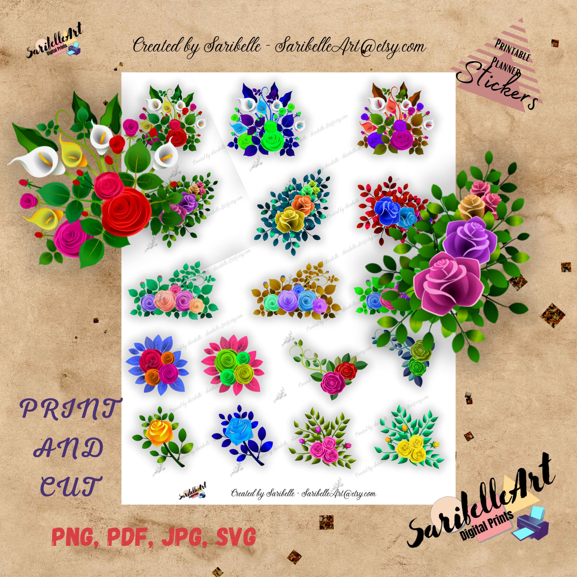 Colorful Roses Bouquet Printable Stickers, Printable Sticker Sheet ...