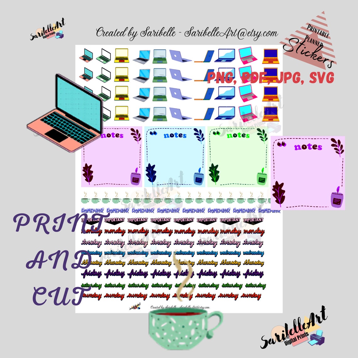 Laptop Printable Stickers, Printable Sticker Sheet, Print and Cut ...