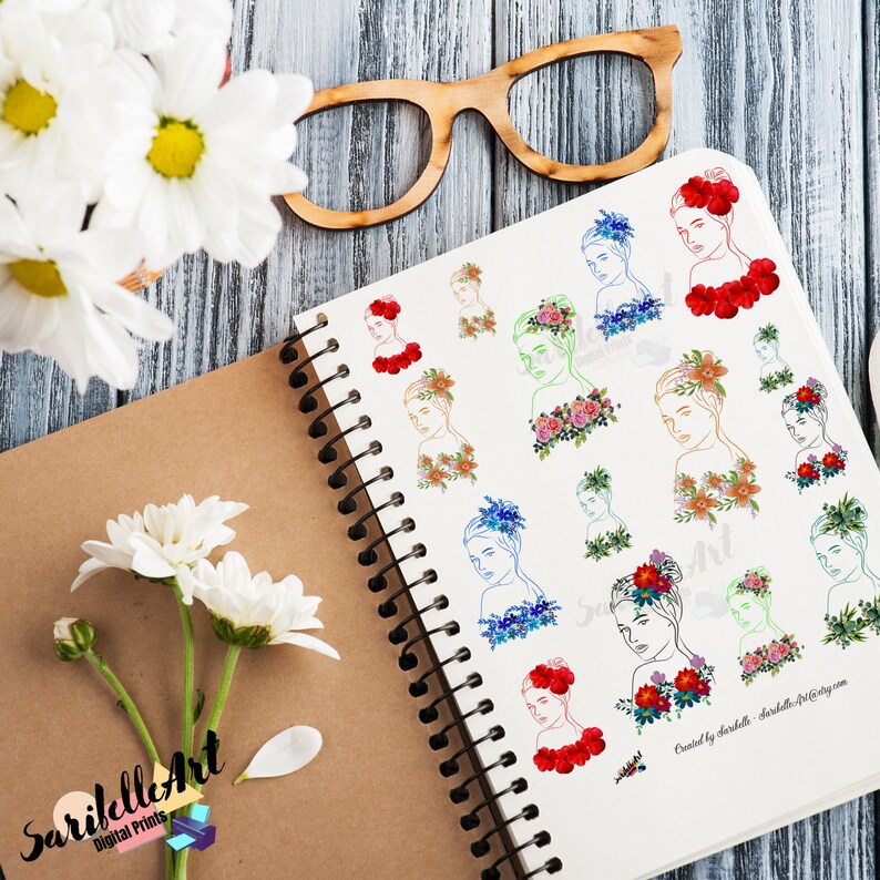 Colorful Woman With Flowers Printable Stickers, Printable Sticker Sheet ...
