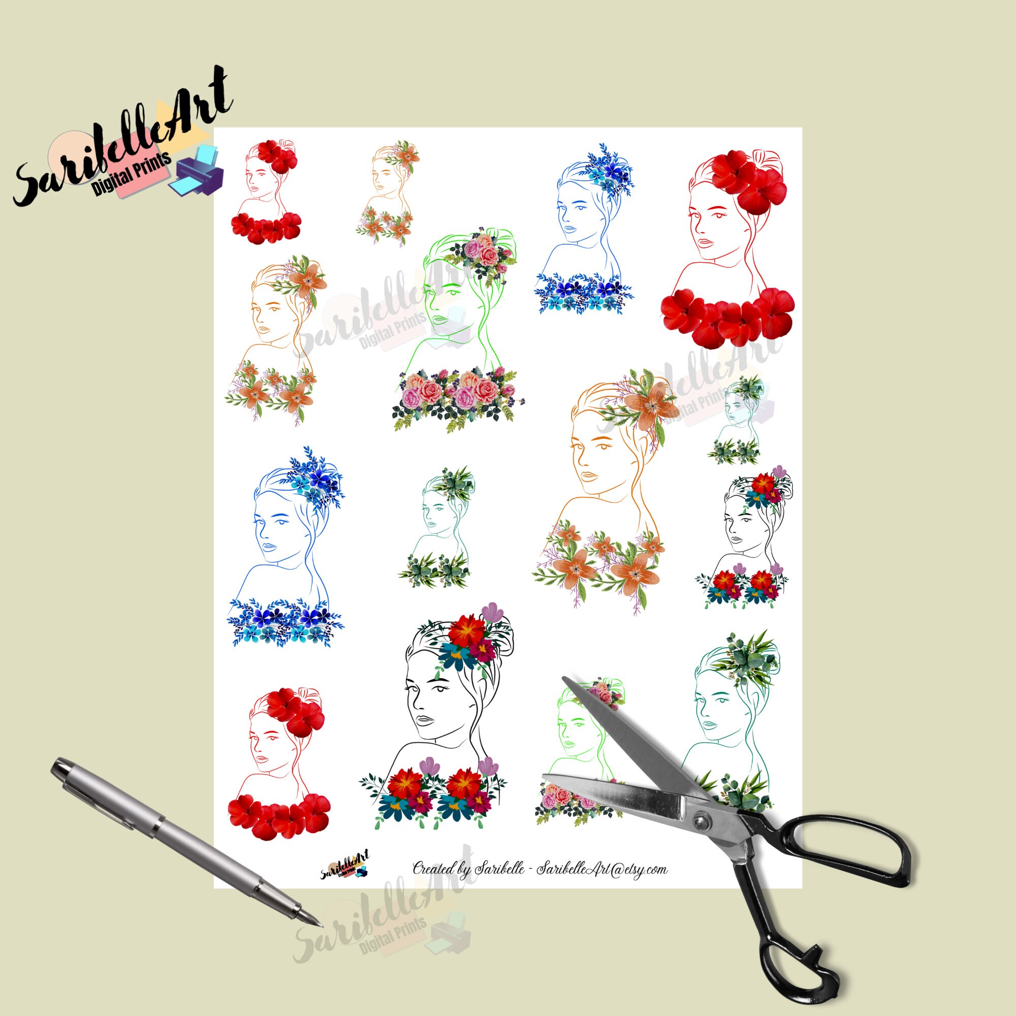 Colorful Woman With Flowers Printable Stickers, Printable Sticker Sheet ...
