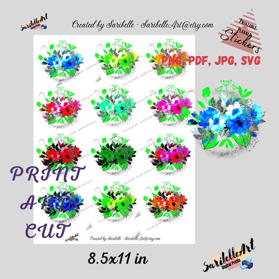 Colorful Flowers Printable Stickers Printable Sticker Sheet - Etsy