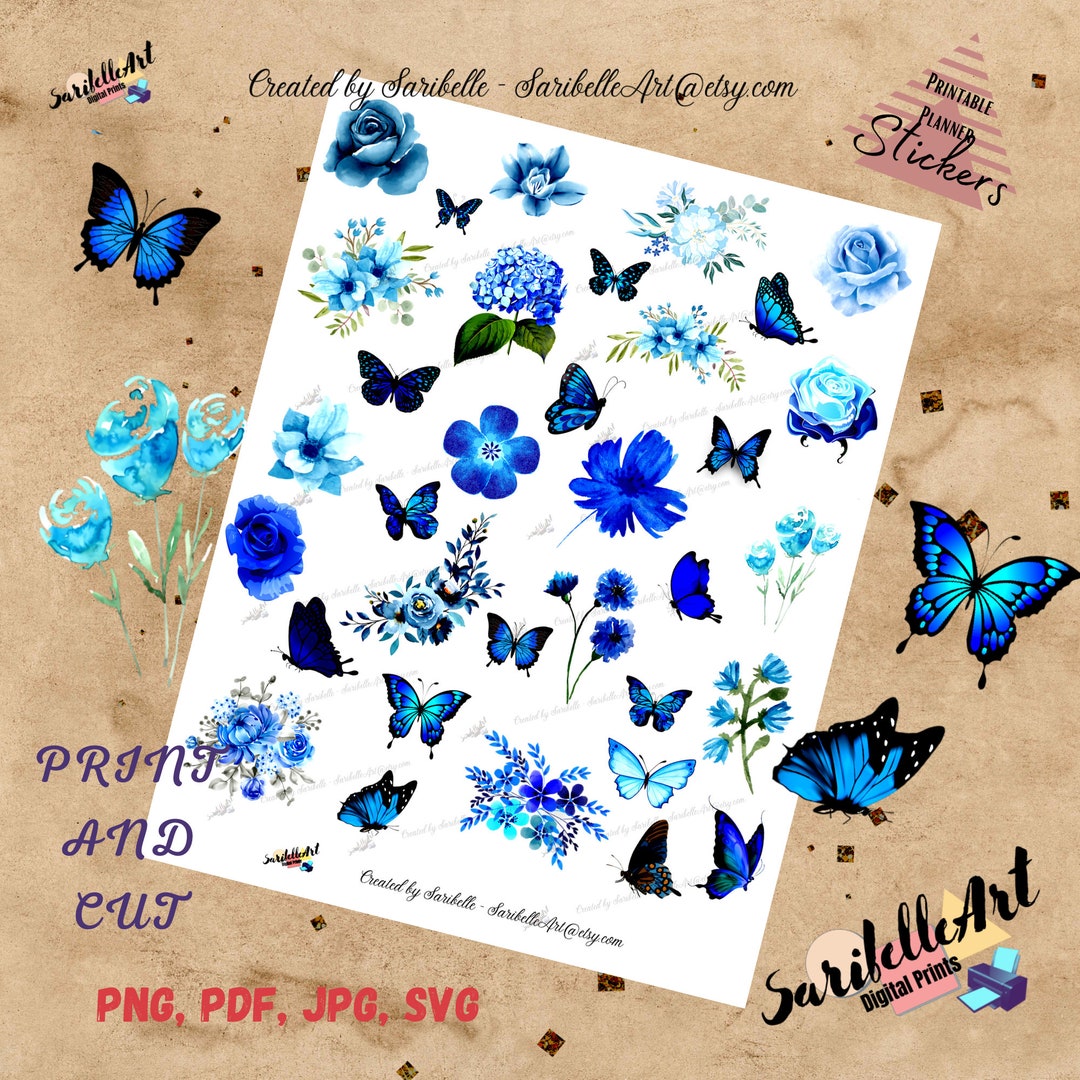 Blue Flowers and Butterflies Printable Stickers, Daily Journal and ...