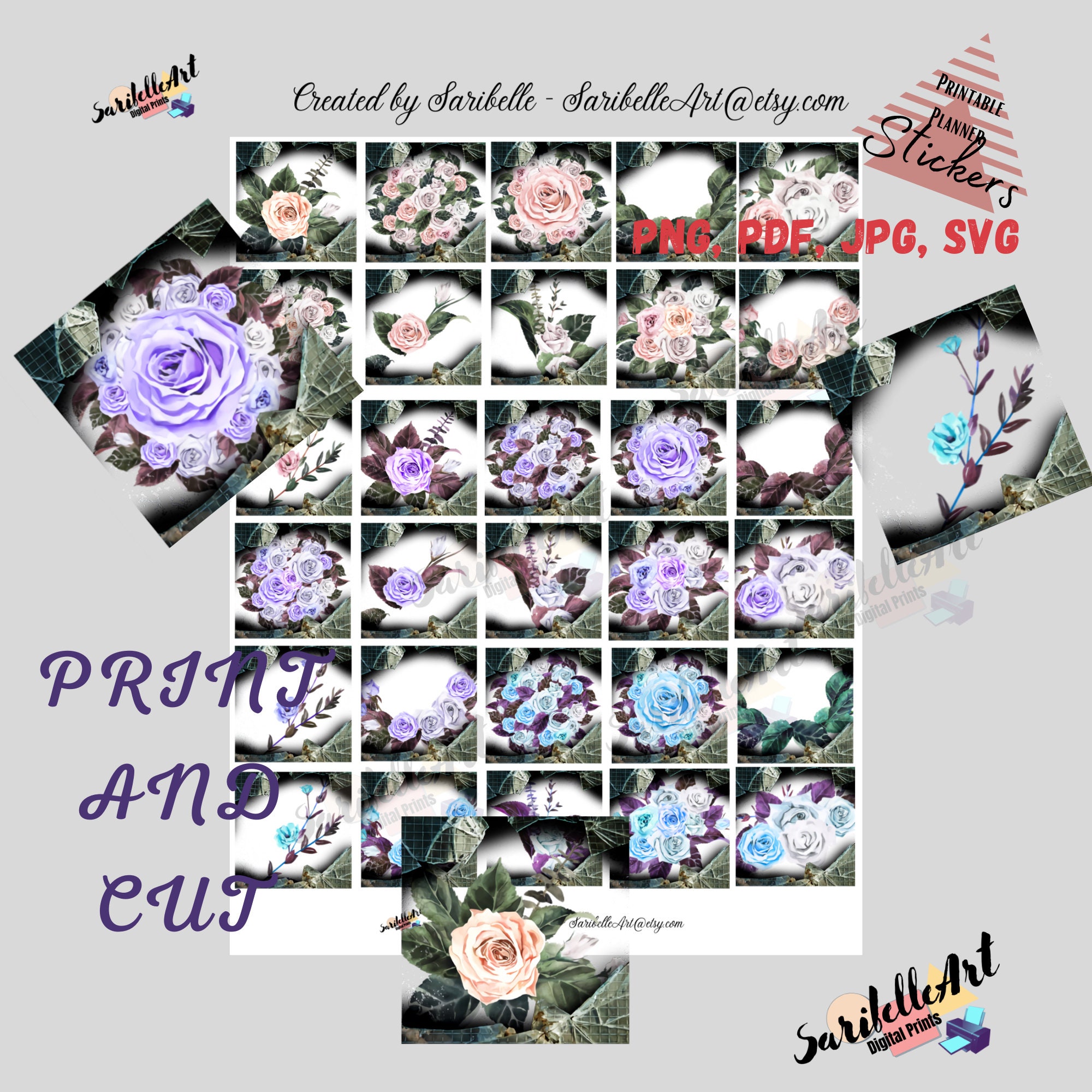 Roses Printable Stickers, Printable Sticker Sheet, Print and Cut ...