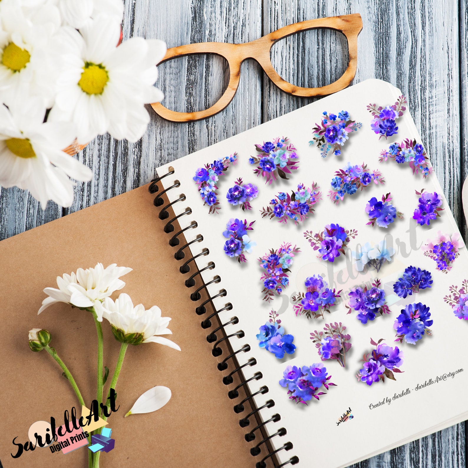 Blue Flowers Printable Stickers, Printable Sticker Sheet, Print and Cut ...