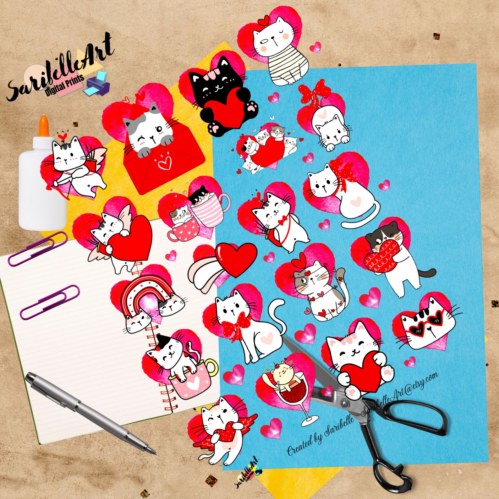 Valentine's Day, Cat Love Printable Stickers, Daily Stickers - Etsy