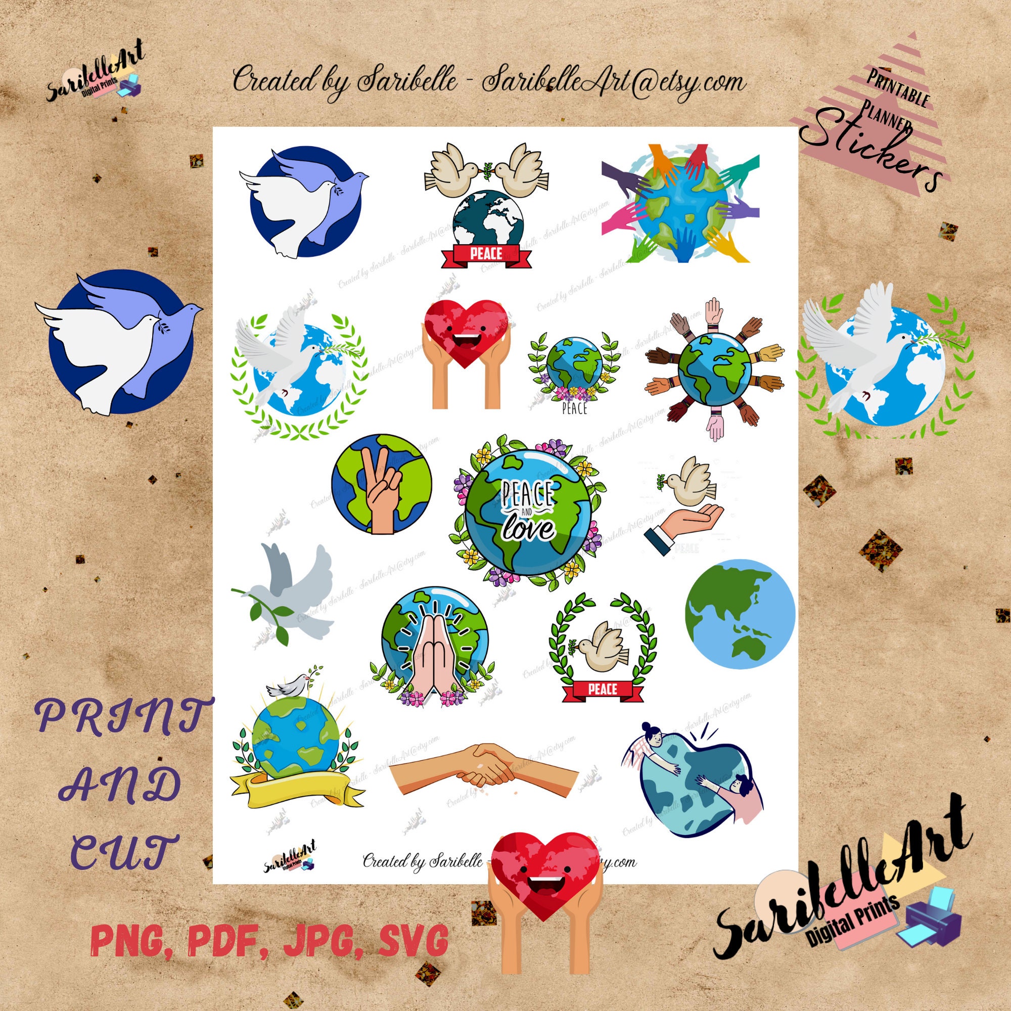 World Peace Printable Stickers, Daily Journal Stickers - Etsy