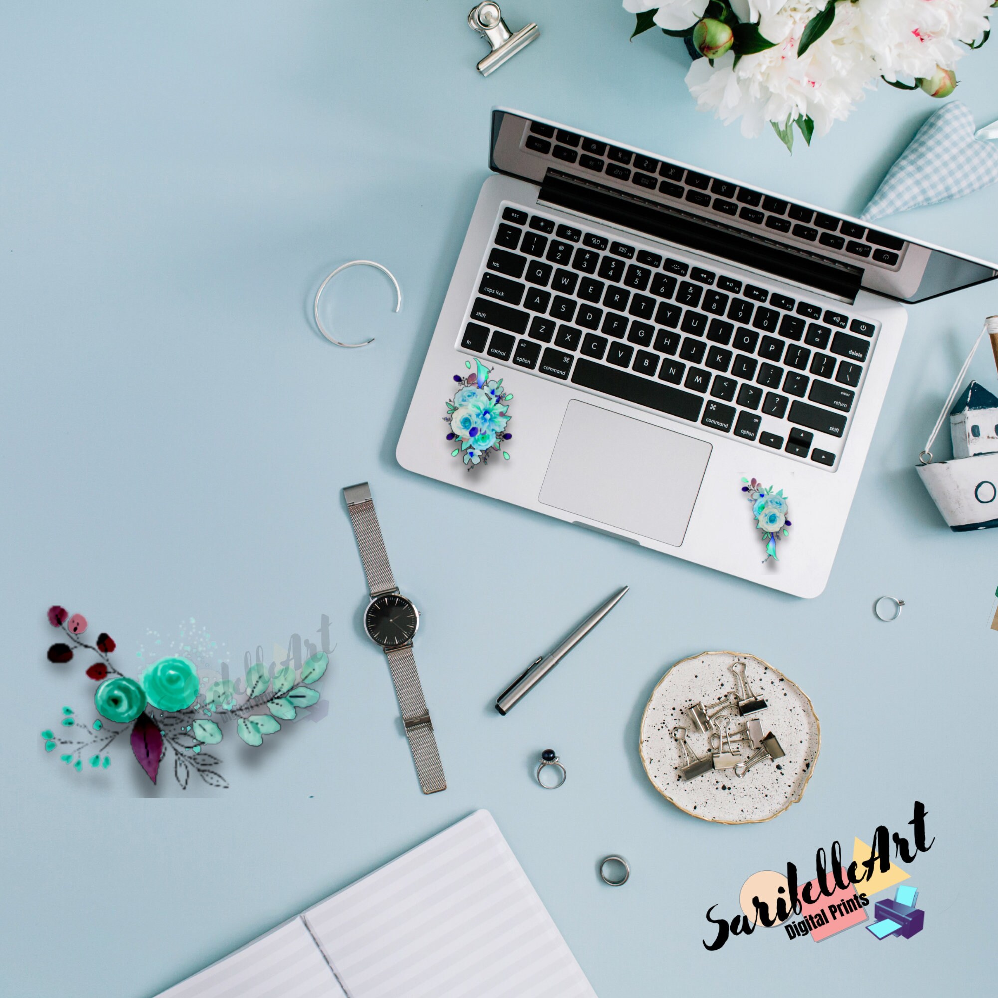 Blue-green Flowers Printable Stickers, Daily Stickers for Your Journal ...