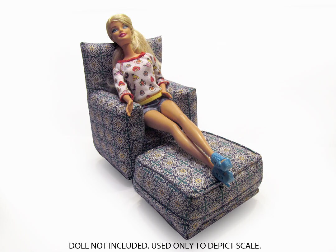 Barbie Doll Living Room Chair & Ottoman-Blue and White geometric with ...