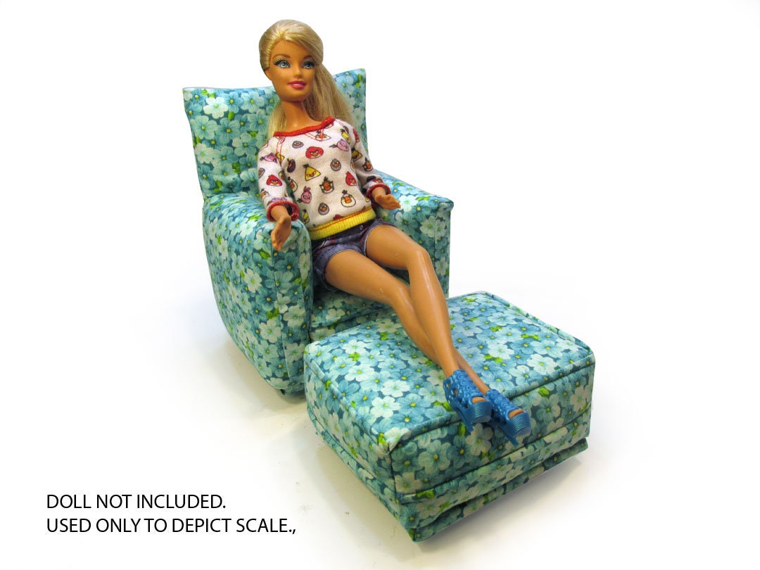 Barbie Doll Living Room Chair & Ottoman-Teal, Green and White flower ...