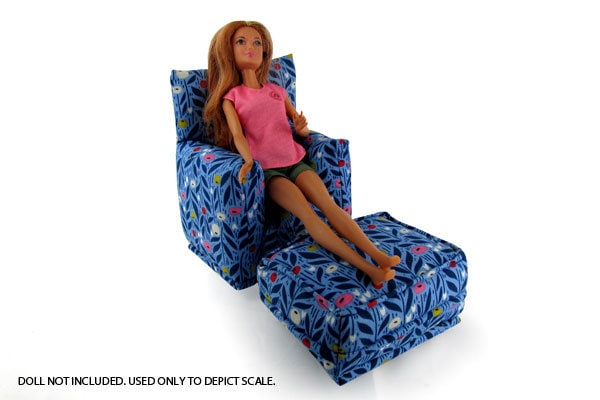 Barbie Doll Living Room Chair & Ottoman-Medium and Dark Blue Flower ...