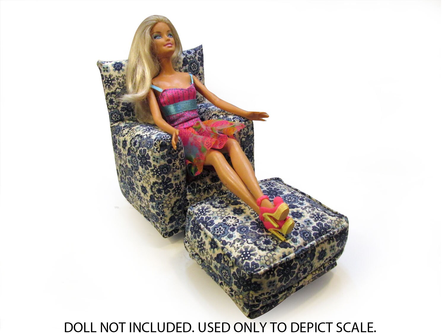 Barbie Doll Living Room Chair & Ottoman-Blue, Gray and White flower ...