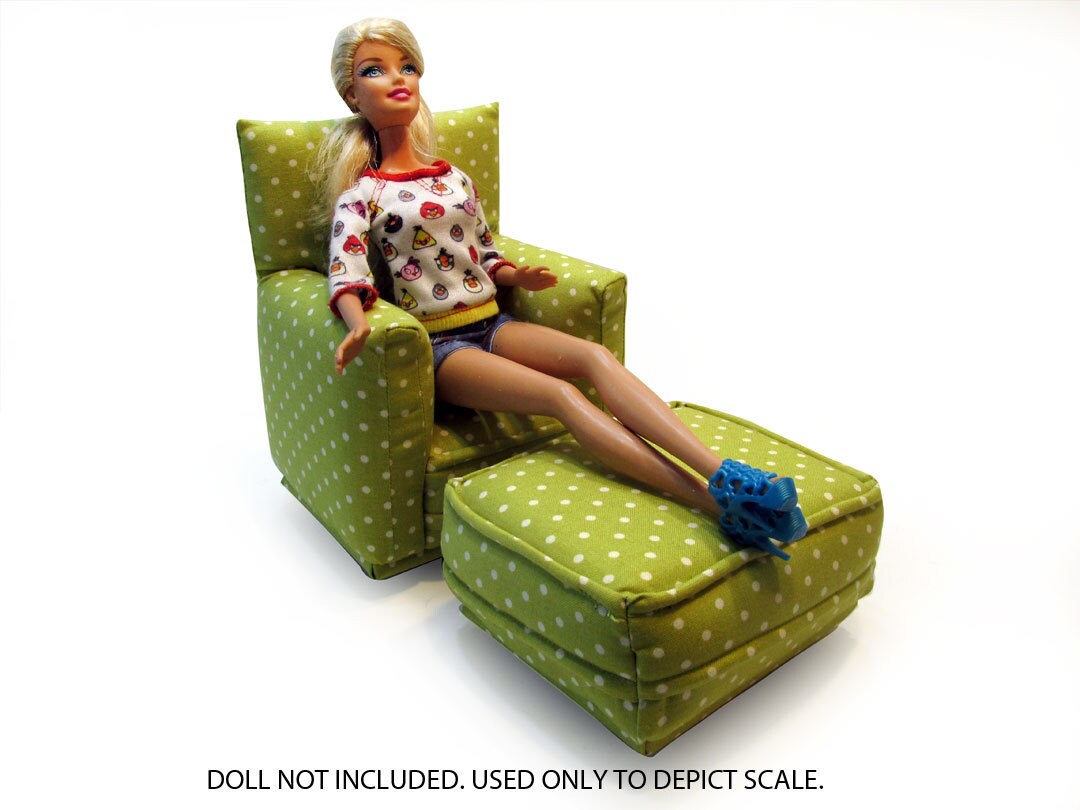 Barbie Doll Living Room Chair & Ottoman-Olive Green dot print-1:6 Scale ...