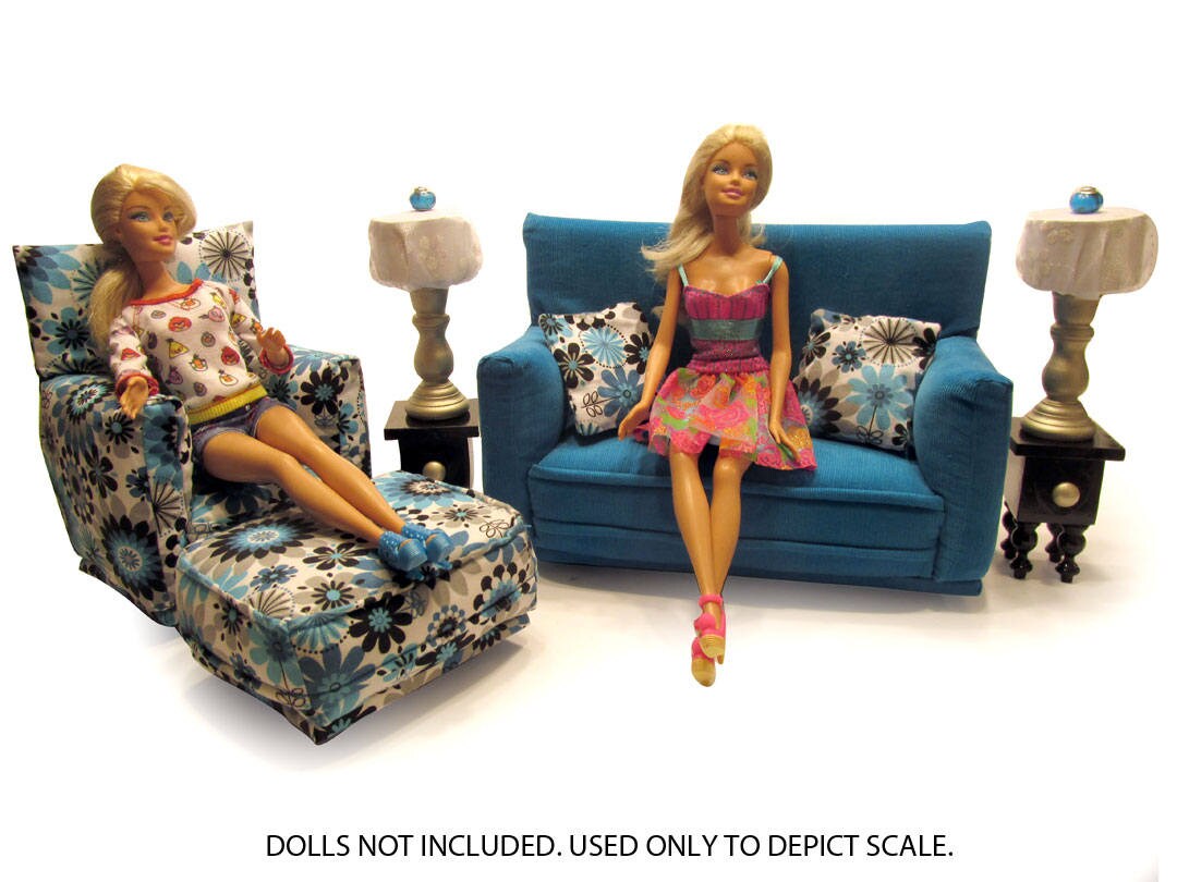 Barbie Doll Living Room Furniture 9-PC Play Set-1:6 scale-Teal, Gray ...