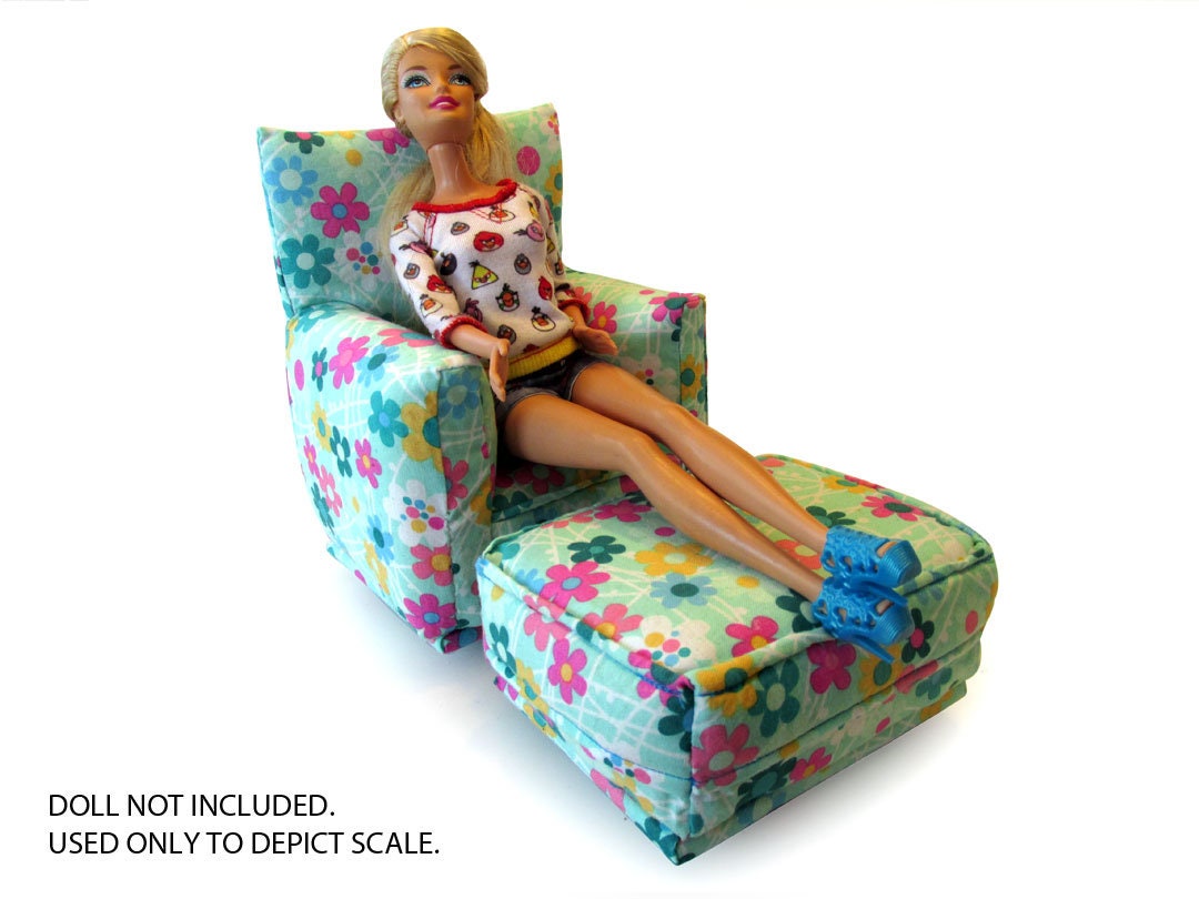 Barbie Doll Living Room Chair & Ottoman-Green Teal with Multi colored ...
