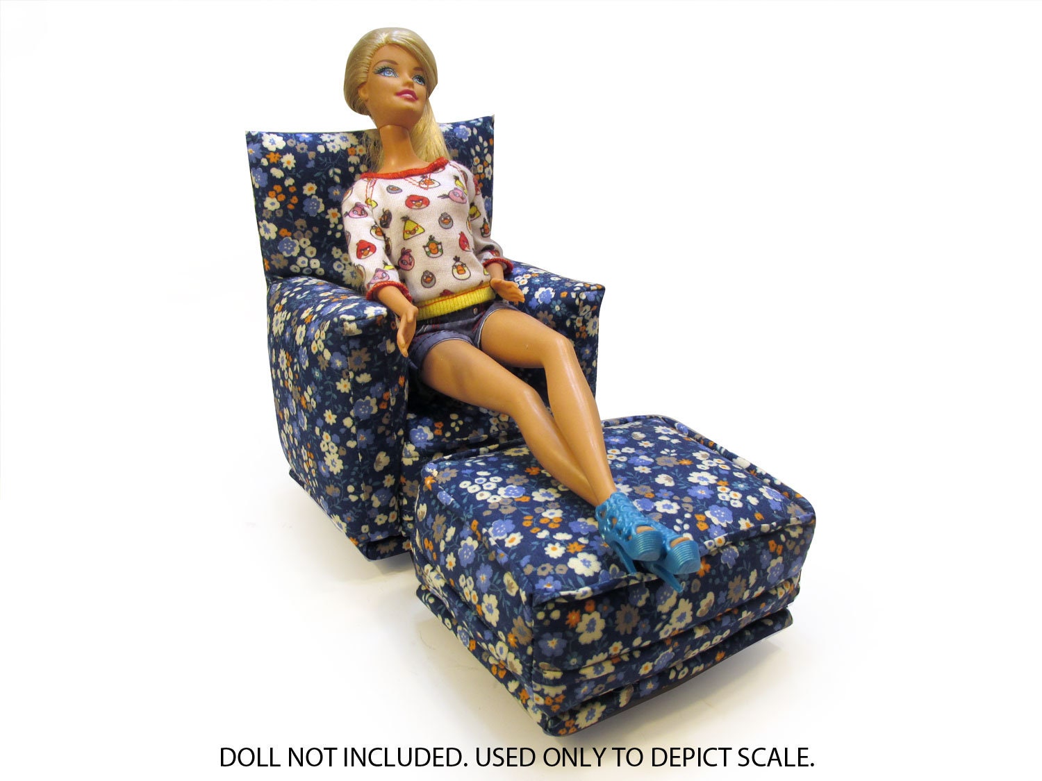 Barbie Doll Living Room Chair & Ottoman-Blue, Gray and White flower ...