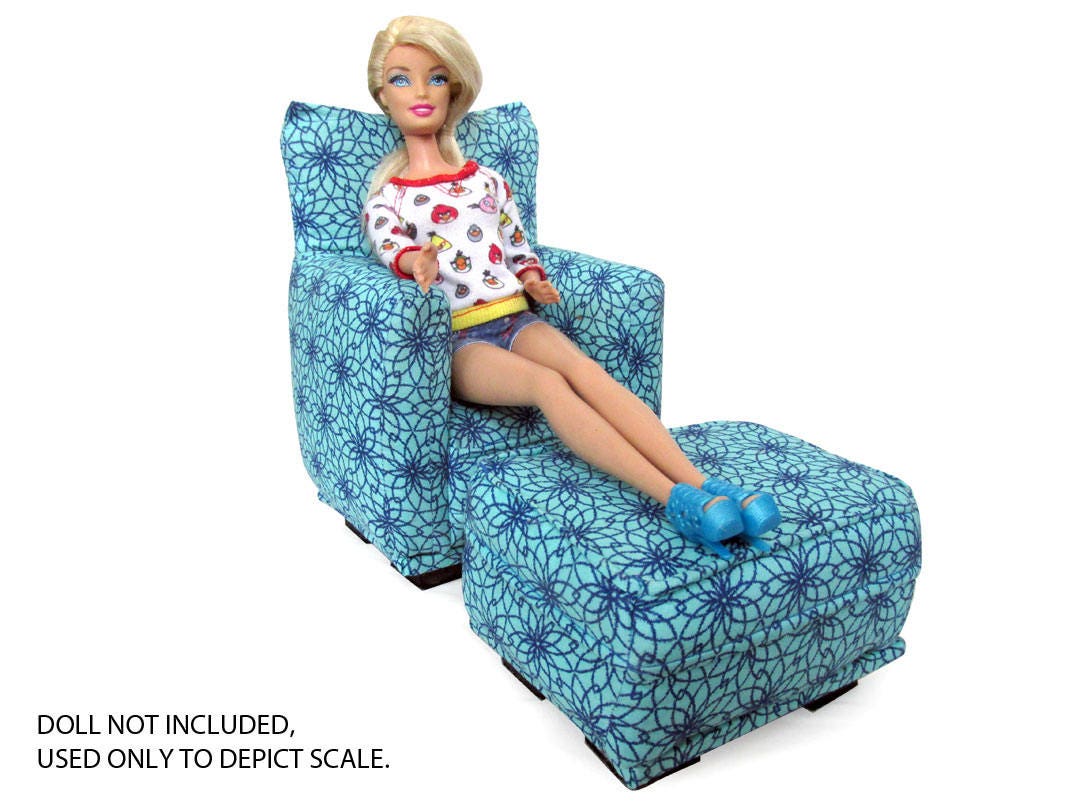 Barbie Doll Living Room Chair & Ottoman-Blue Spiril print -1:6 Scale ...