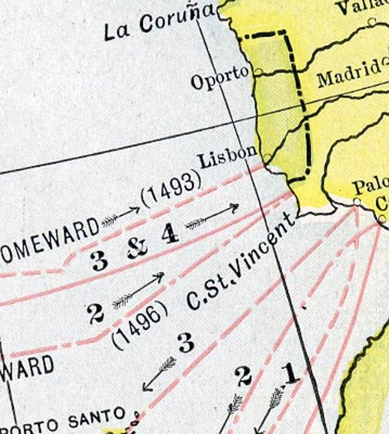 Print Map Four Voyages of Christopher Columbus 1492-1503 | Etsy